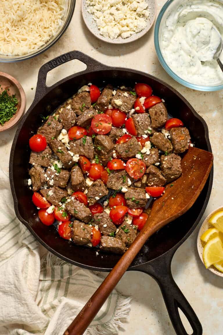 Mediterranean Steak Bites Recipe with Yogurt Sauce | Lemons & Zest