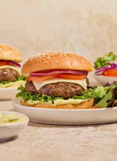 Mozzarella Stuffed Burgers with Pesto Mayo | Lemons & Zest