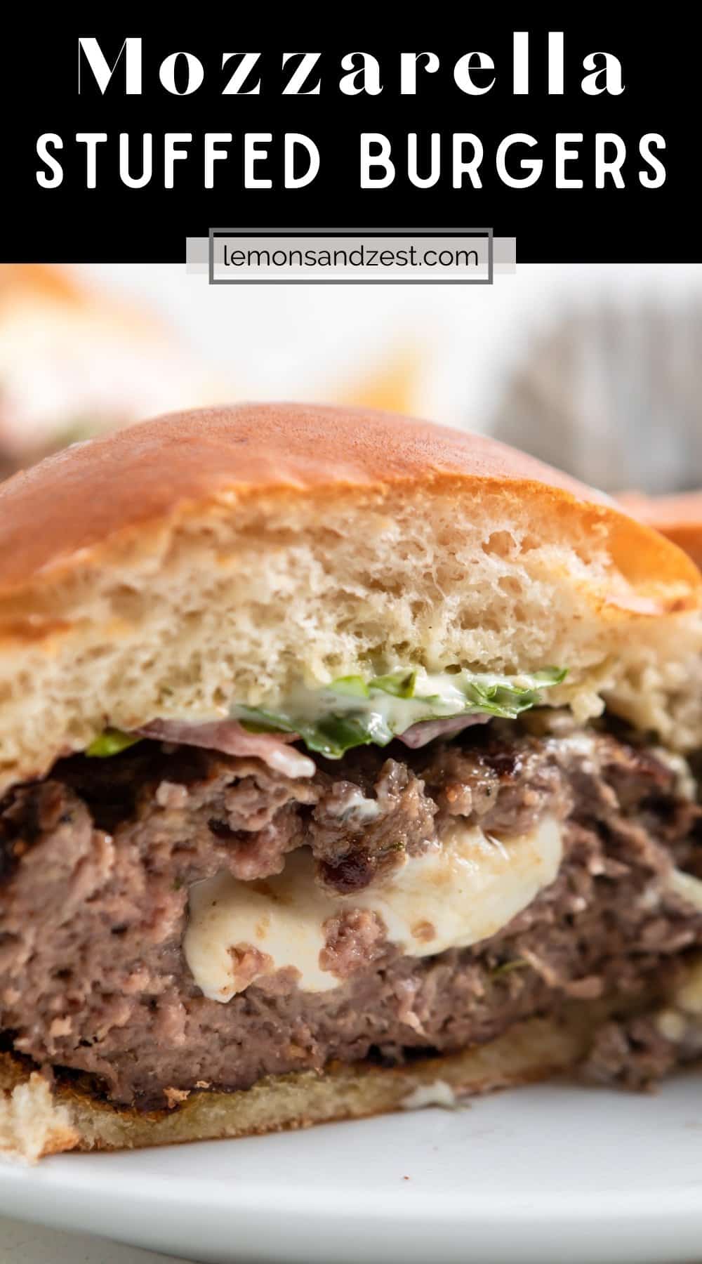 Mozzarella Stuffed Burgers with Pesto Mayo | Lemons + Zest