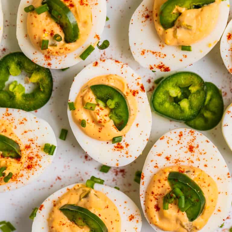 Spicy Jalapeño Sriracha Deviled Eggs Recipe | Lemons & Zest