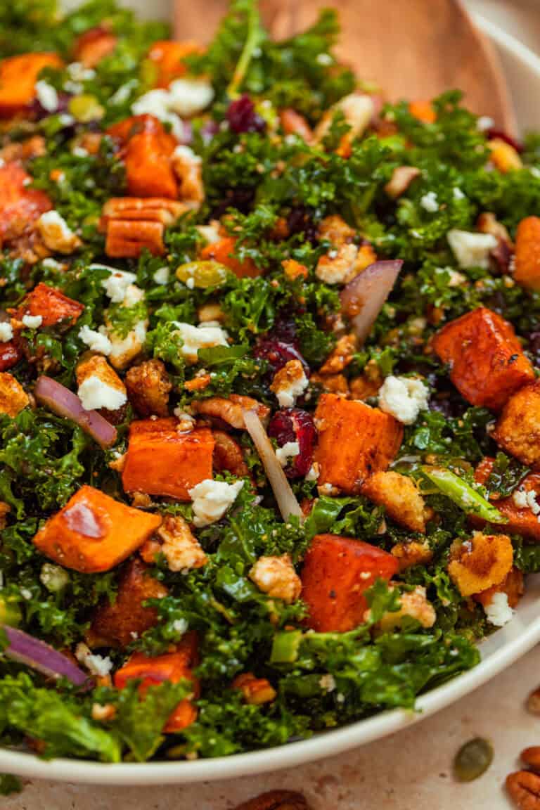 Sweet Potato Kale Salad with Cornbread Croutons | Lemons & Zest
