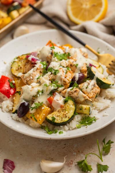 Greek Chicken Sheet Pan Dinner with Creamy Feta Yogurt Sauce | Lemons ...
